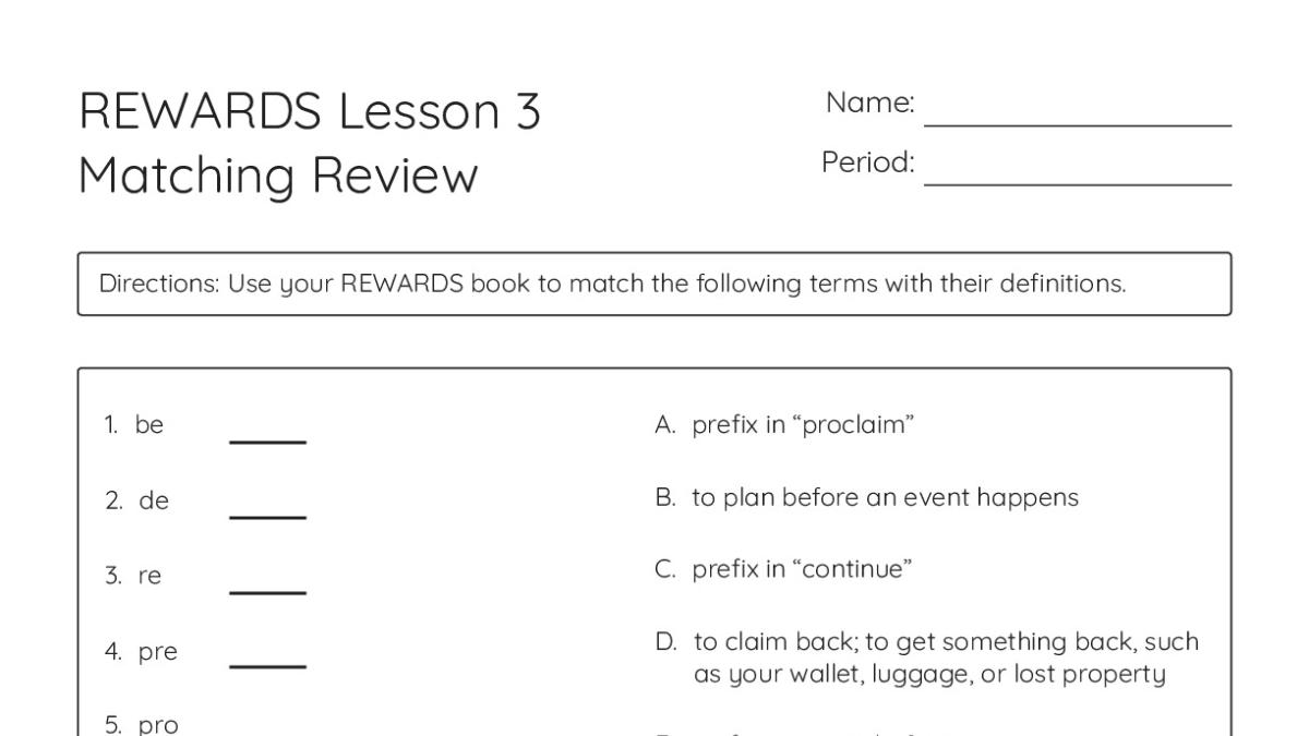 REWARDS Lesson 3 Matching Review - My Worksheet Maker: Create Your Own ...