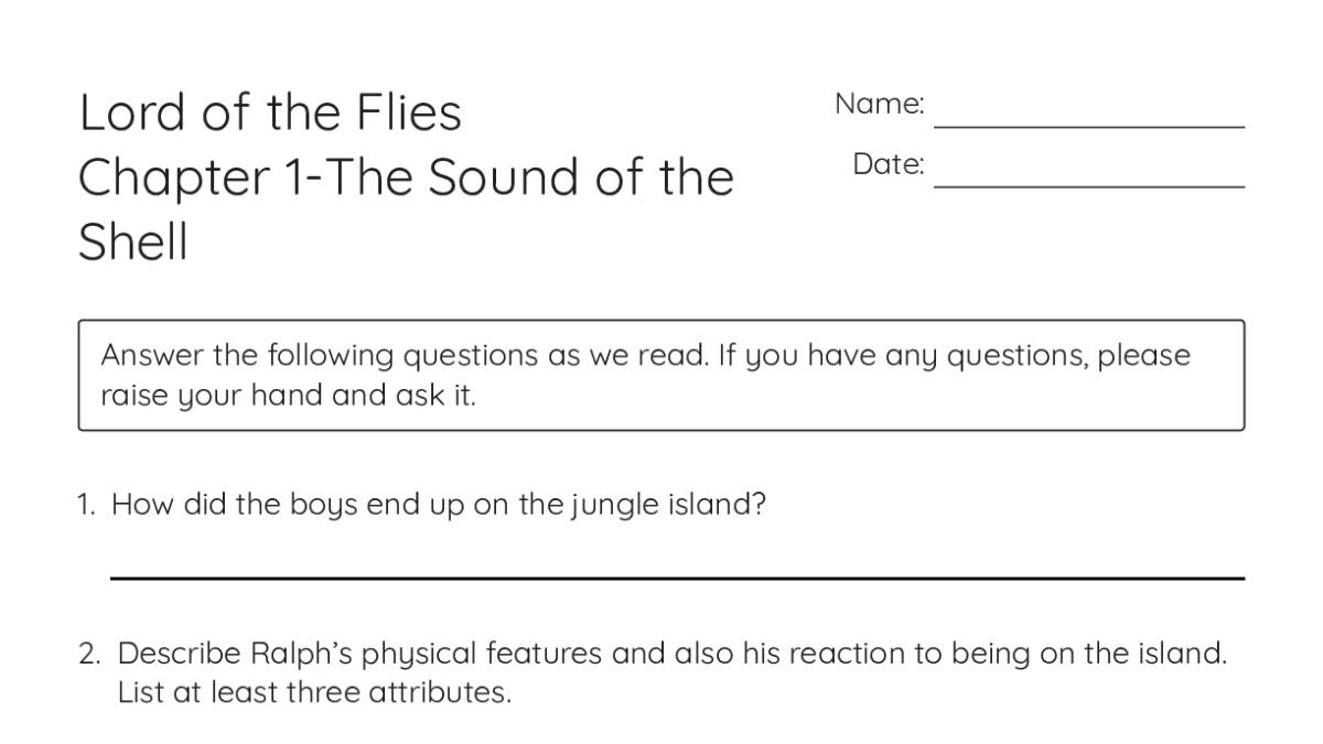 Lord of the Flies Chapter 1-The Sound of the Shell - My Worksheet Maker ...