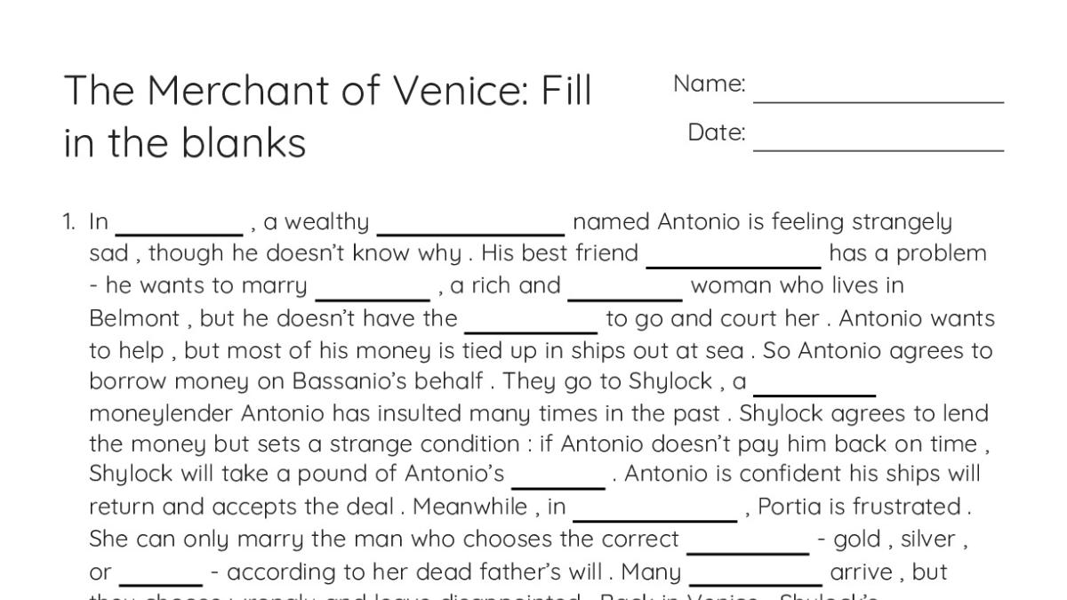The Merchant of Venice: Fill in the blanks - My Worksheet Maker: Create ...