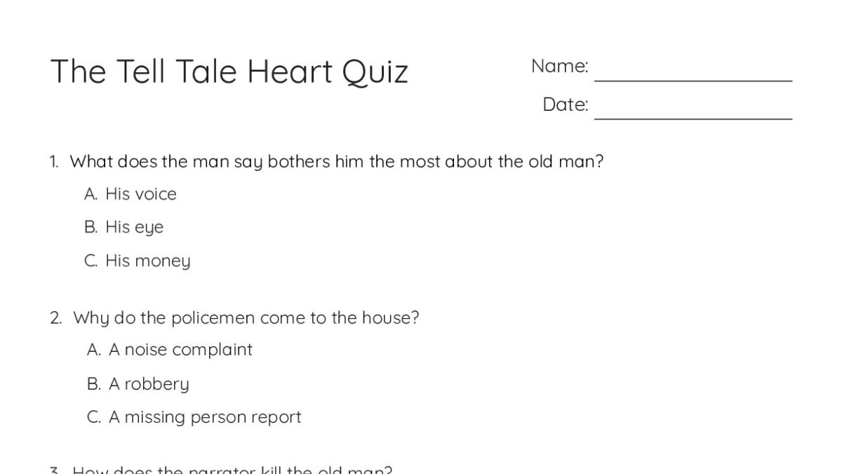 The Tell Tale Heart Quiz - My Worksheet Maker: Create Your Own Worksheets