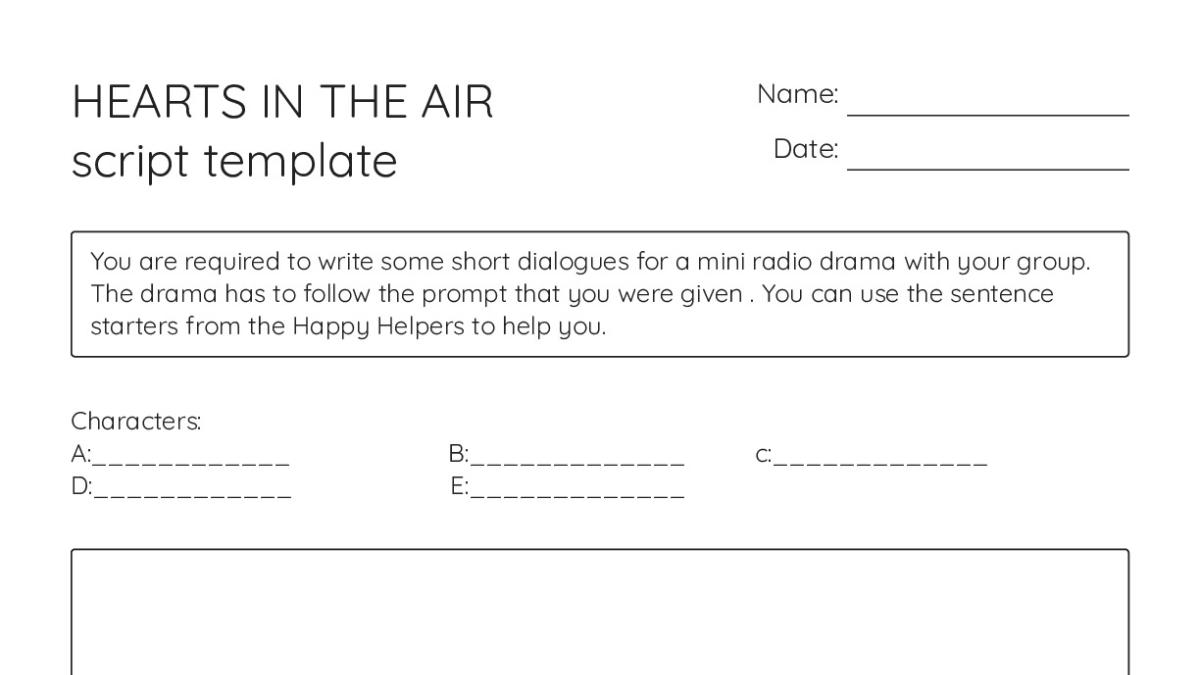 HEARTS IN THE AIR script template - My Worksheet Maker: Create Your Own ...