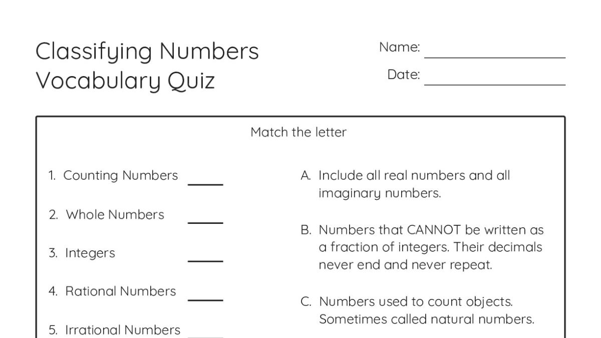 Classifying Numbers Vocabulary Quiz - My Worksheet Maker: Create Your ...