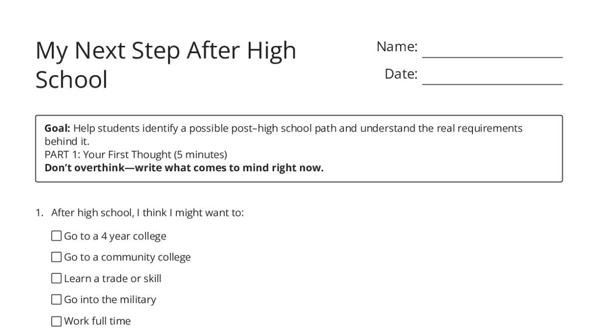My Next Step After High School - My Worksheet Maker: Create Your Own ...