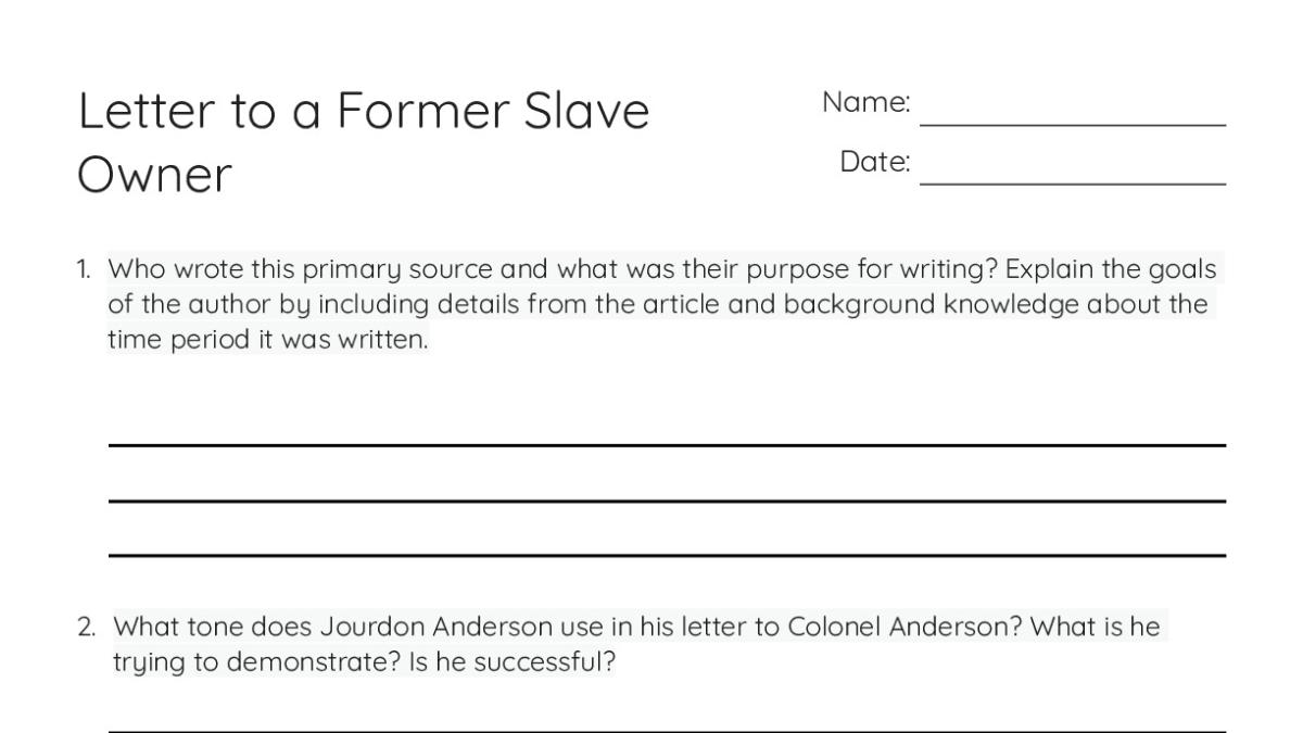 Letter to a Former Slave Owner - My Worksheet Maker: Create Your Own ...