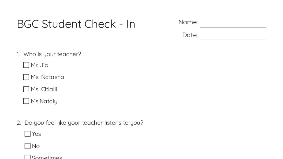 BGC Student Check - In - My Worksheet Maker: Create Your Own Worksheets