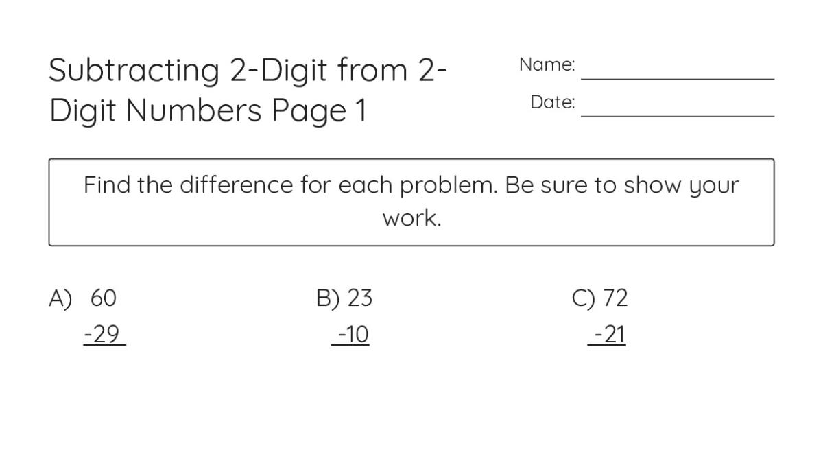 Subtracting 2-Digit from 2-Digit Numbers Page 1 - My Worksheet Maker ...