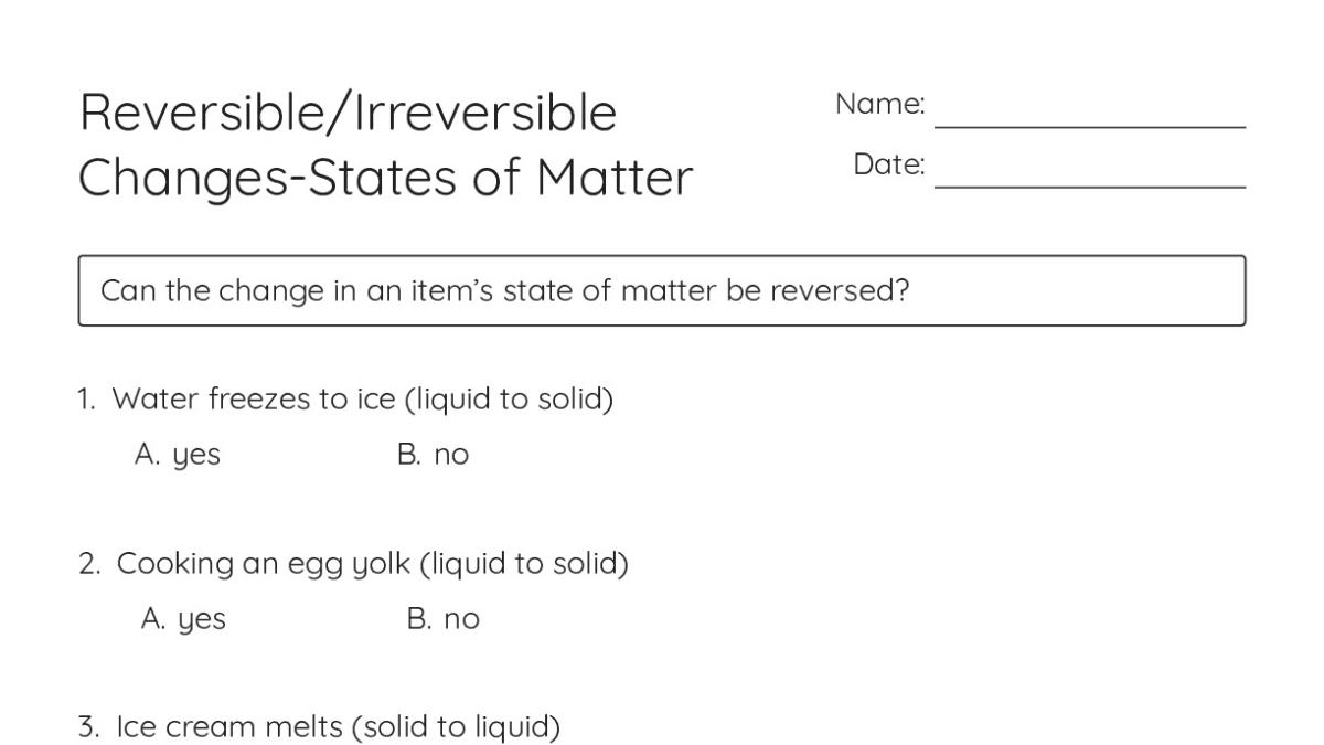 Reversible/Irreversible Changes-States of Matter - My Worksheet Maker ...