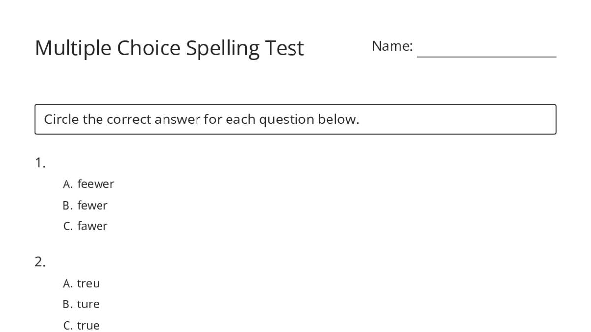 Multiple Choice Spelling Test - My Worksheet Maker: Create Your Own ...