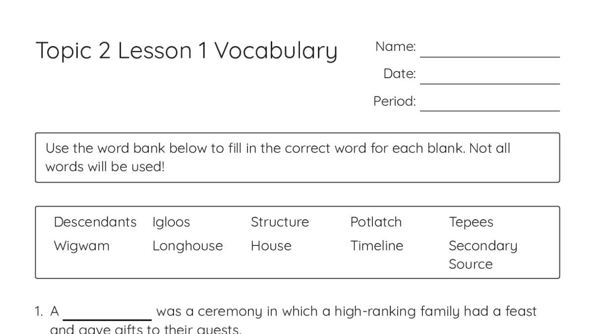 Topic 2 Lesson 1 Vocabulary - My Worksheet Maker: Create Your Own ...