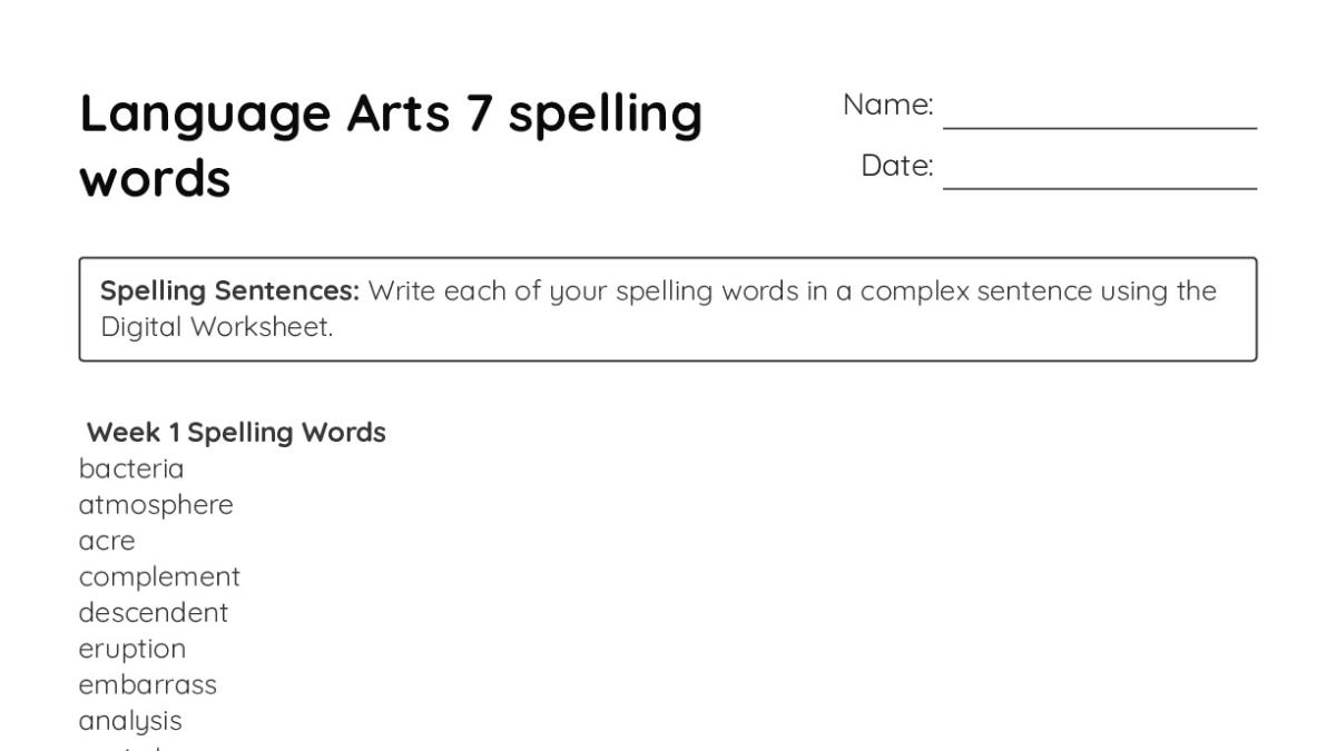Language Arts 7 spelling words - My Worksheet Maker: Create Your Own ...