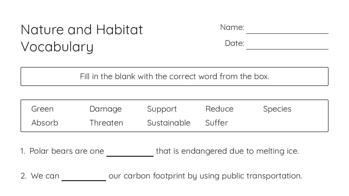 Nature and Habitat Vocabulary - My Worksheet Maker: Create Your Own ...