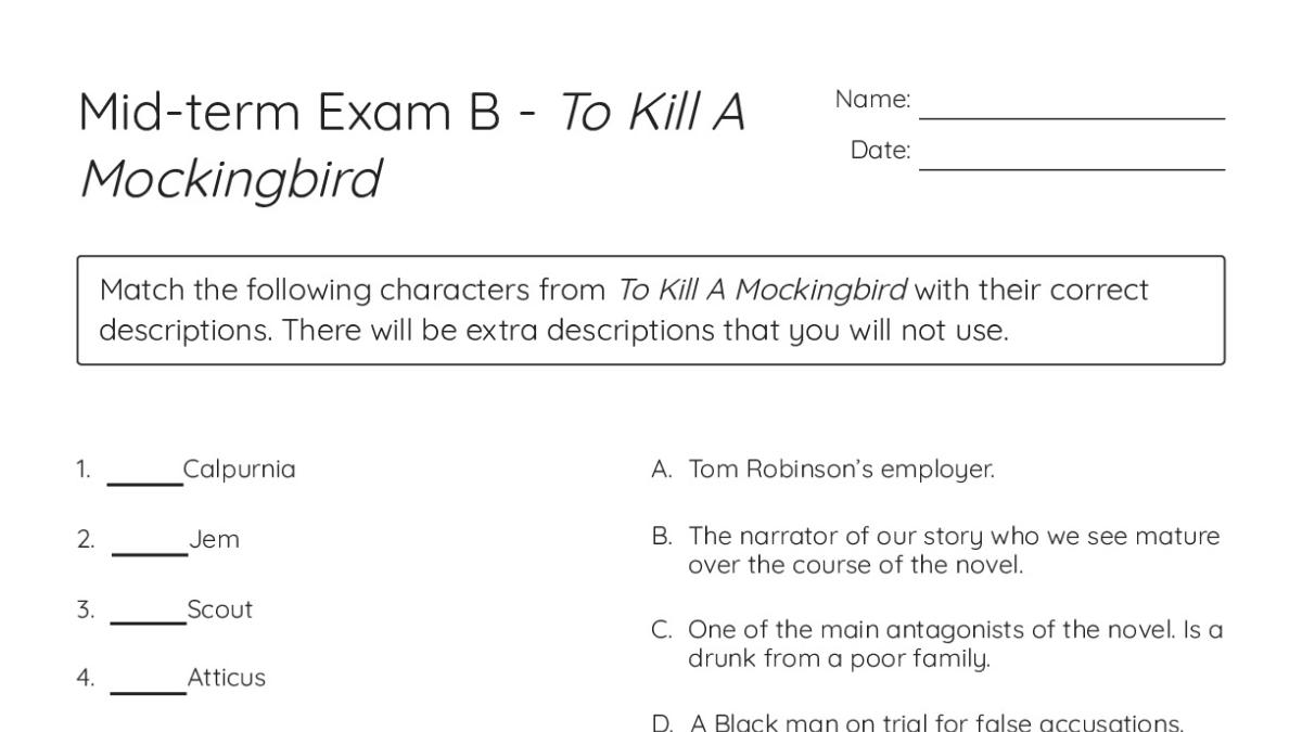 Mid-term Exam B - To Kill A Mockingbird - My Worksheet Maker: Create ...