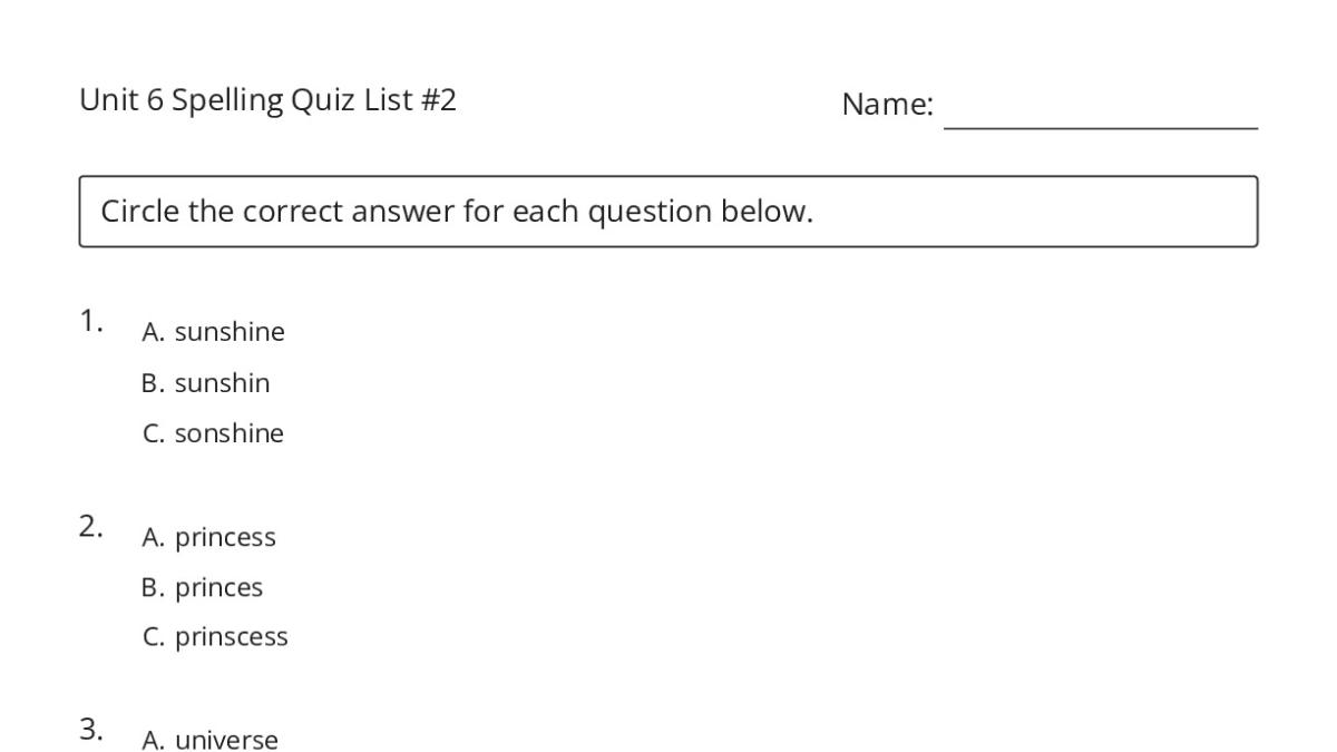 Unit 6 Spelling Quiz List #2 - My Worksheet Maker: Create Your Own ...