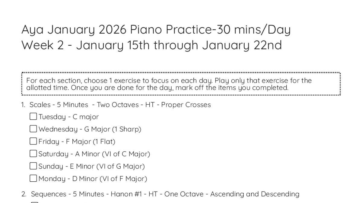 Aya January 2026 Piano Practice-30 mins/Day Week 2 - January 15th ...