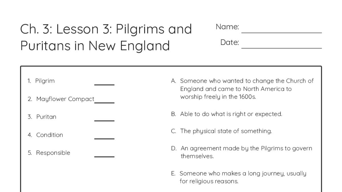 Ch. 3: Lesson 3: Pilgrims and Puritans in New England - My Worksheet ...