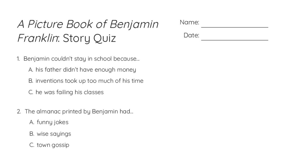 A Picture Book of Benjamin Franklin: Story Quiz - My Worksheet Maker ...