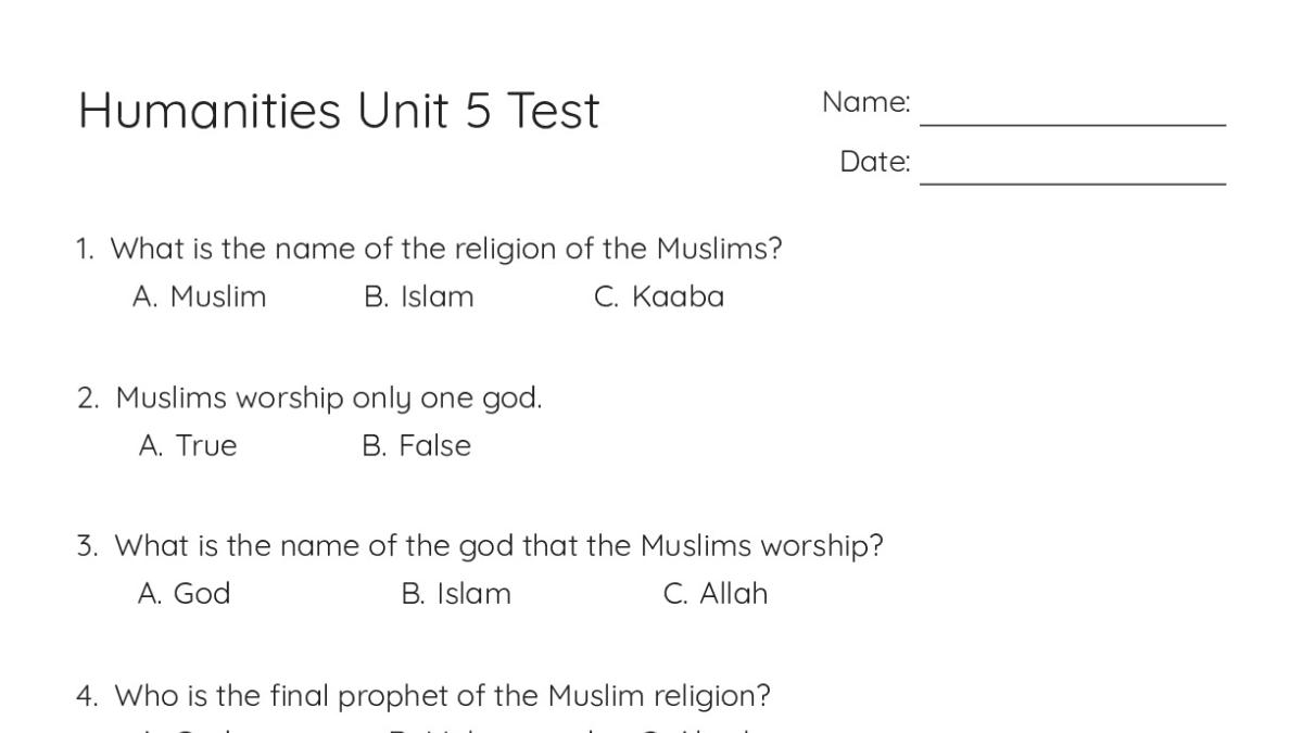 Humanities Unit 5 Test - My Worksheet Maker: Create Your Own Worksheets