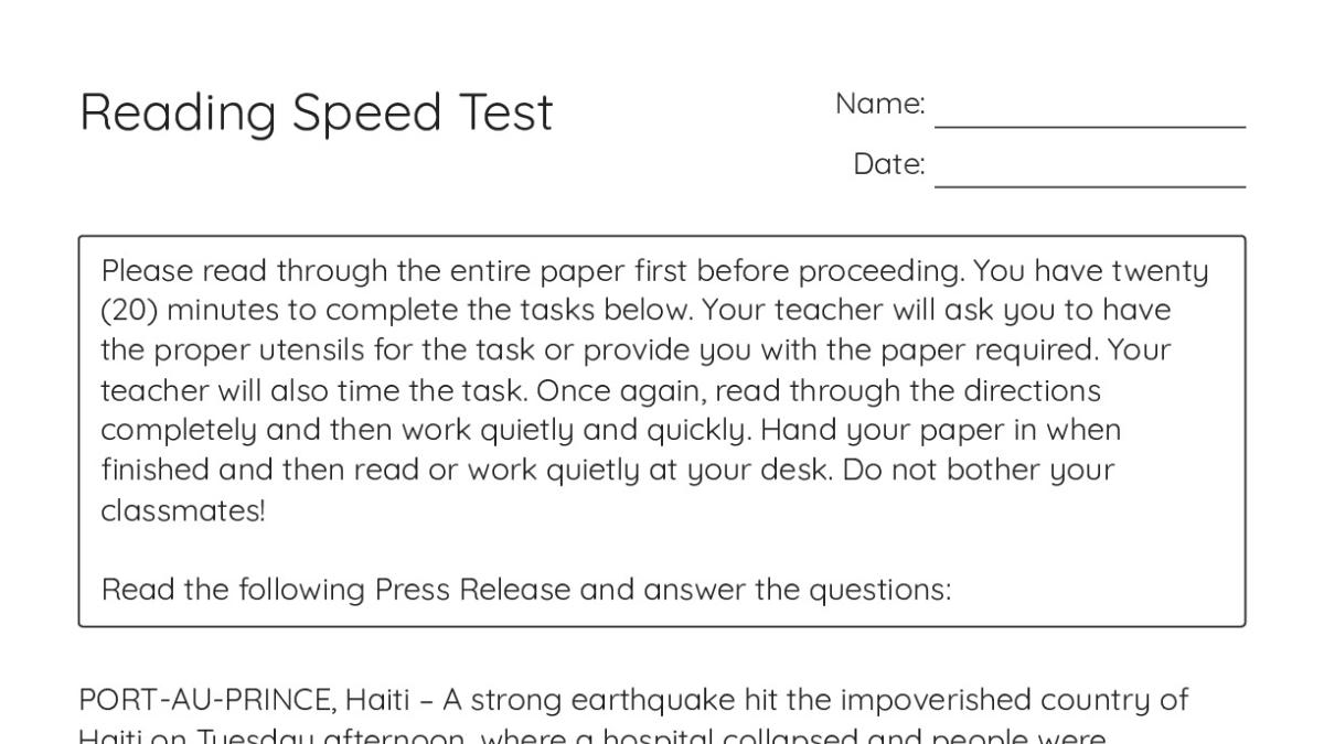 Reading Speed Test - My Worksheet Maker: Create Your Own Worksheets