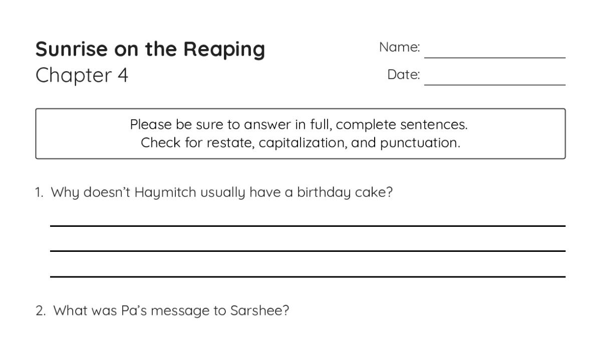 Sunrise on the Reaping Chapter 4 - My Worksheet Maker: Create Your Own ...