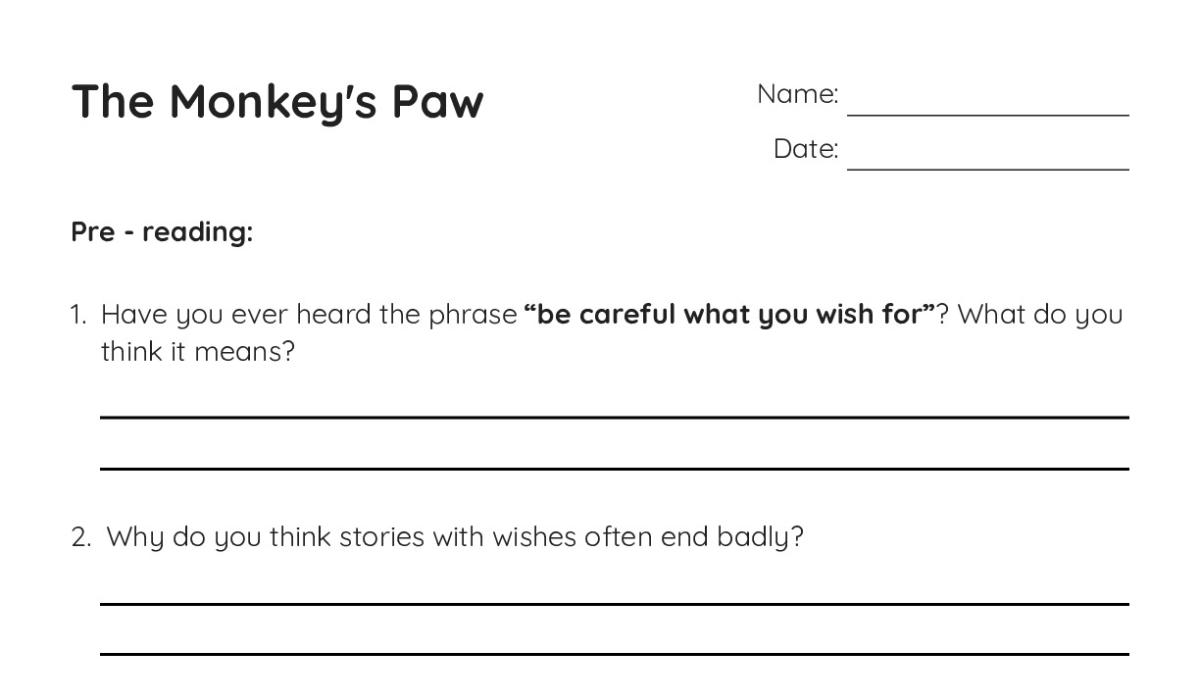 The Monkey's Paw - My Worksheet Maker: Create Your Own Worksheets