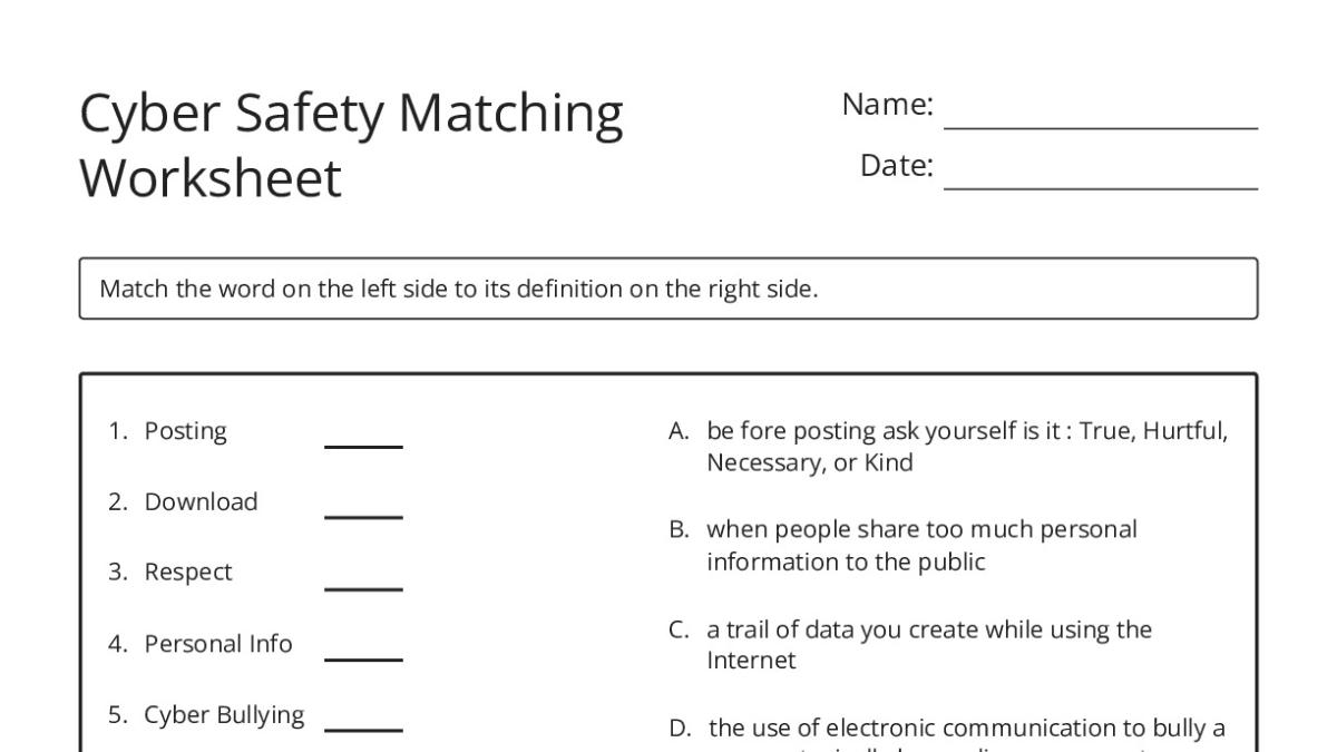 Cyber Safety Matching Worksheet - My Worksheet Maker: Create Your Own ...
