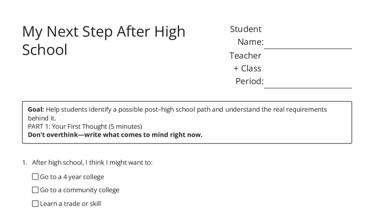 My Next Step After High School - My Worksheet Maker: Create Your Own ...