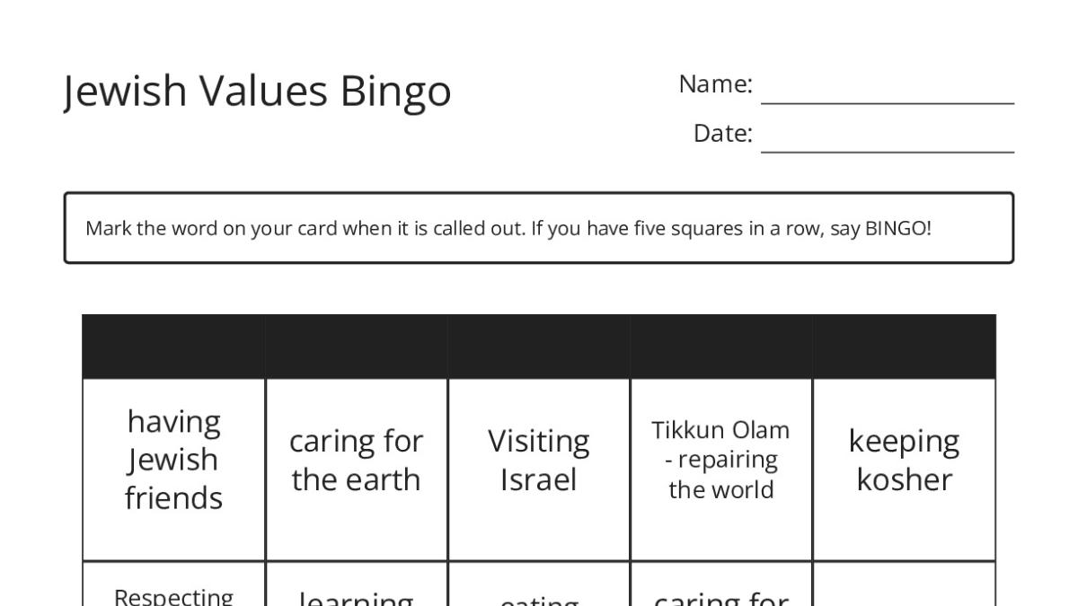 Jewish Values Bingo - My Bingo Maker: Create Your Own Bingo Cards