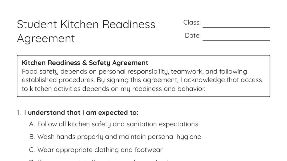 Student Kitchen Readiness Agreement - My Worksheet Maker: Create Your ...