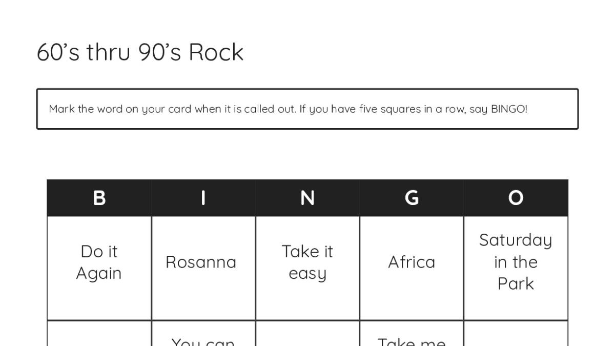 60’s thru 90’s Rock - My Bingo Maker: Create Your Own Bingo Cards