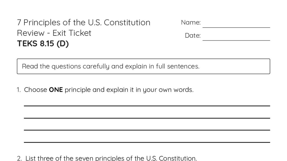 7 Principles of the U.S. Constitution Review - Exit Ticket TEKS 8.15 (D ...