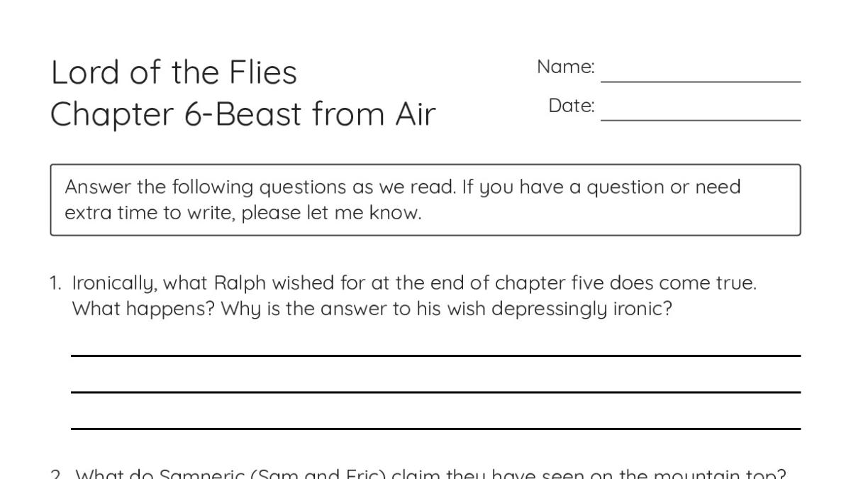 Lord of the Flies Chapter 6-Beast from Air - My Worksheet Maker: Create ...