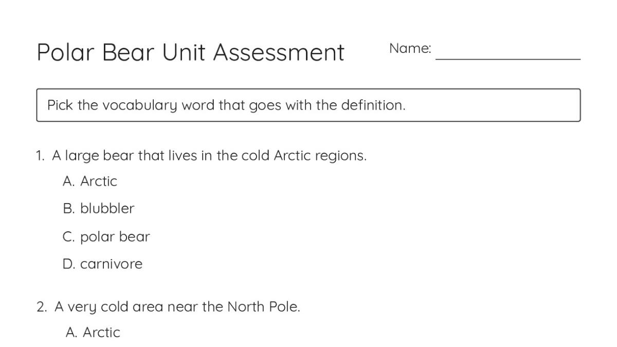 Polar Bear Unit Assessment - My Worksheet Maker: Create Your Own Worksheets