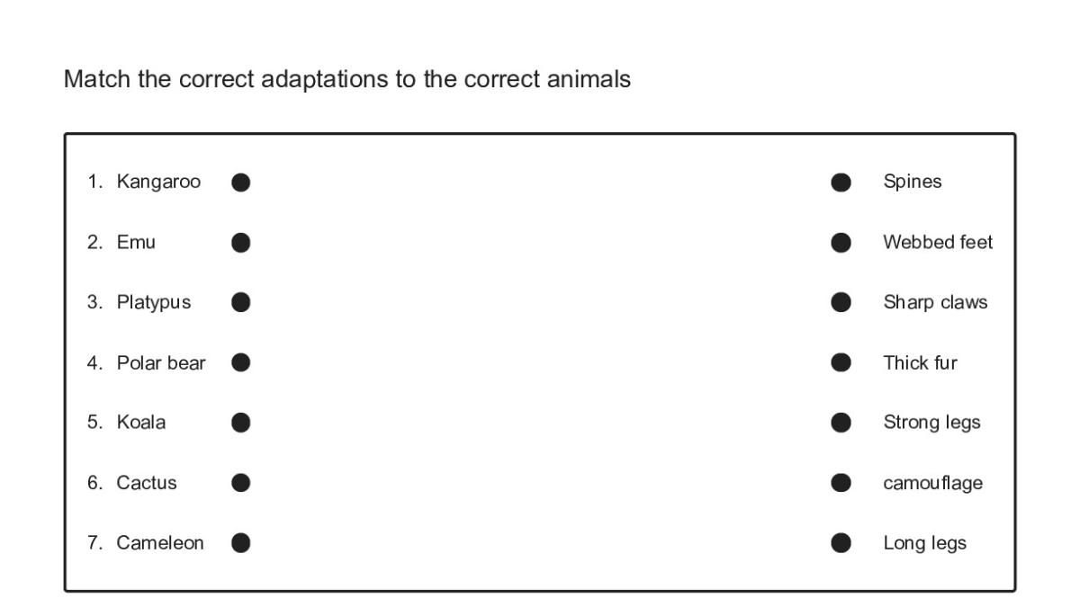 Match the correct adaptations to the correct animals - My Worksheet ...