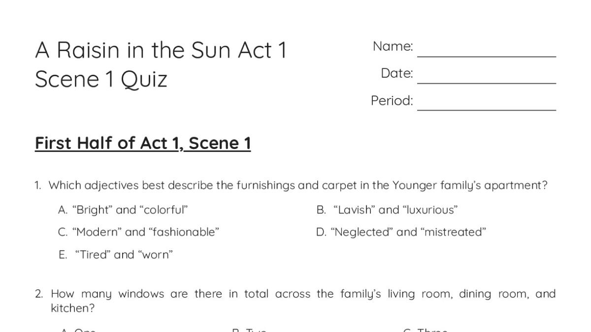 A Raisin in the Sun Act 1 Scene 1 Quiz - My Worksheet Maker: Create ...