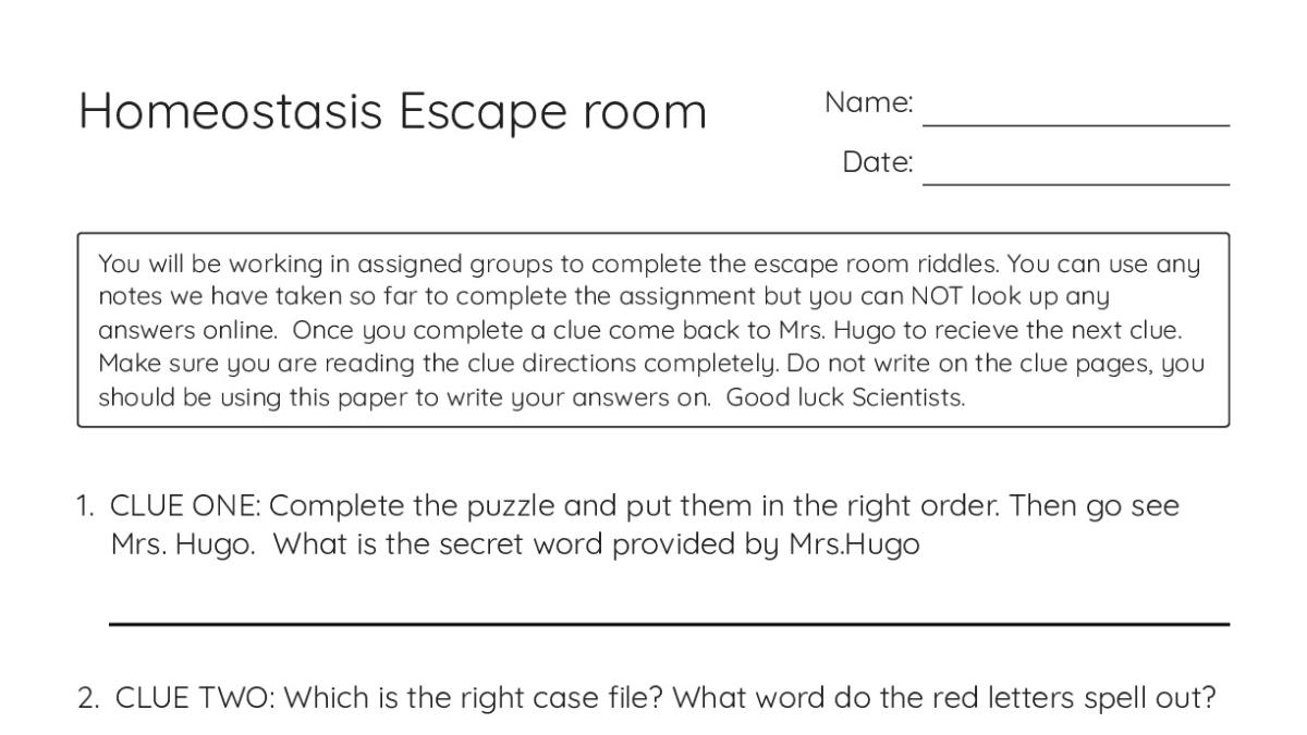 Homeostasis Escape room - My Worksheet Maker: Create Your Own Worksheets