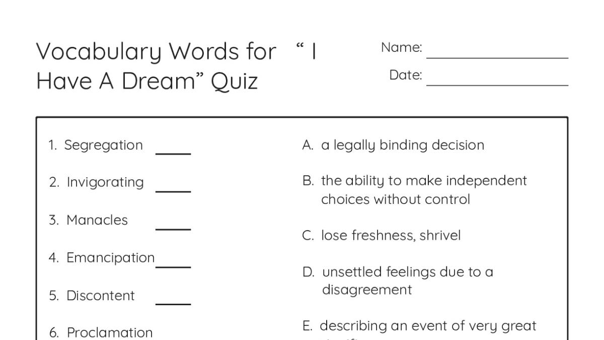 Vocabulary Words for “ I Have A Dream” Quiz - My Worksheet Maker ...
