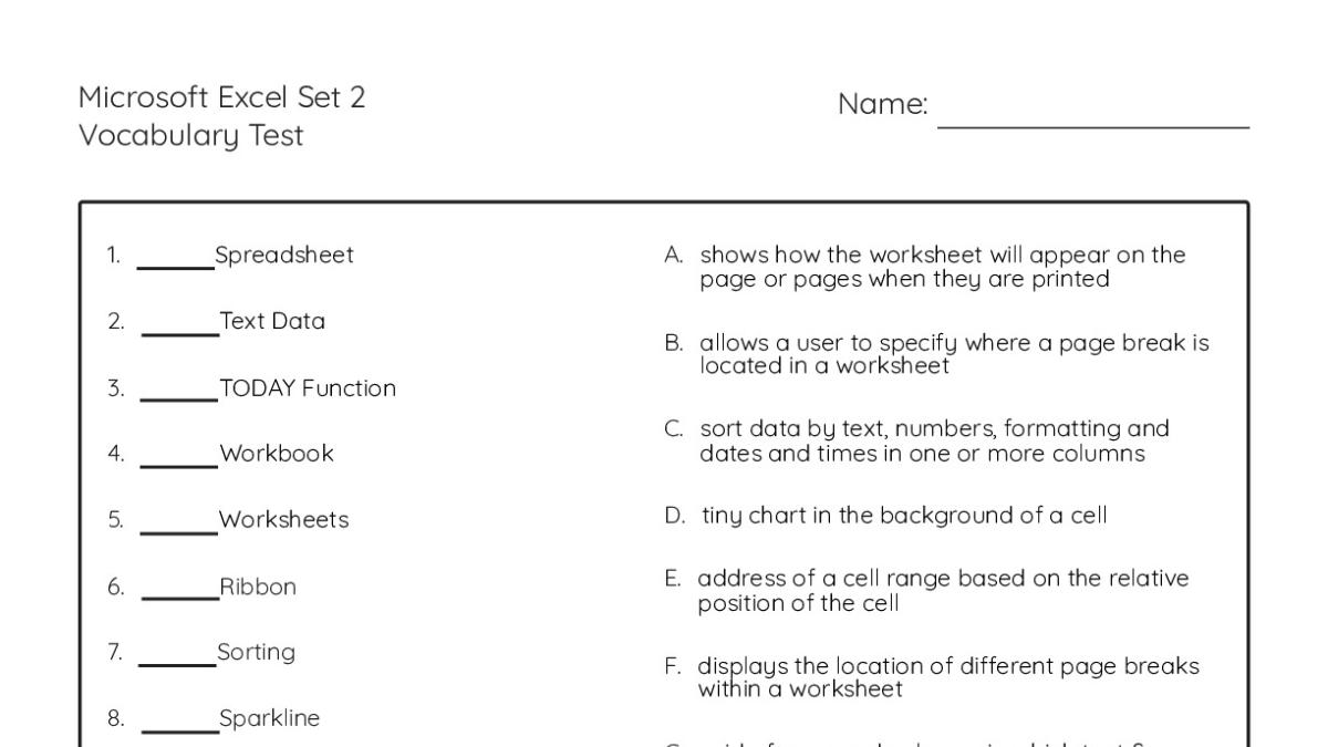Microsoft Excel Set 2 Vocabulary Test - My Worksheet Maker: Create Your ...