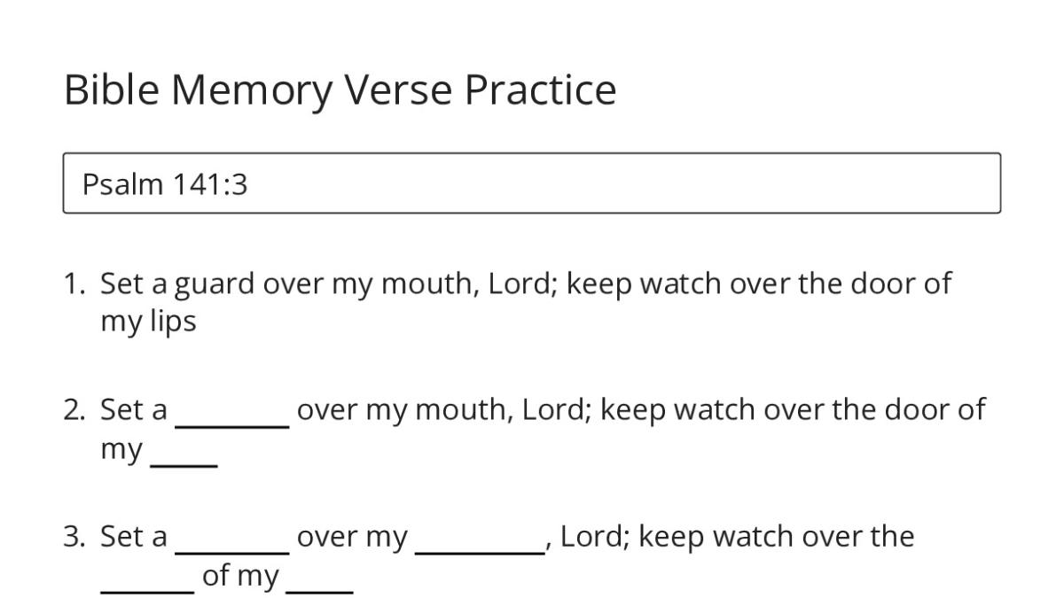 Bible Memory Verse Practice - My Worksheet Maker: Create Your Own ...