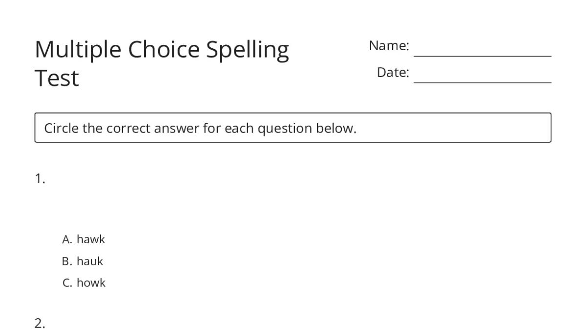 Multiple Choice Spelling Test - My Worksheet Maker: Create Your Own ...