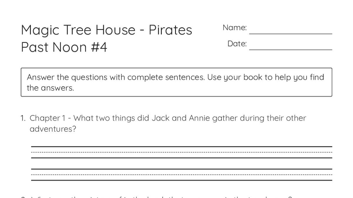 Magic Tree House - Pirates Past Noon #4 - My Worksheet Maker: Create ...