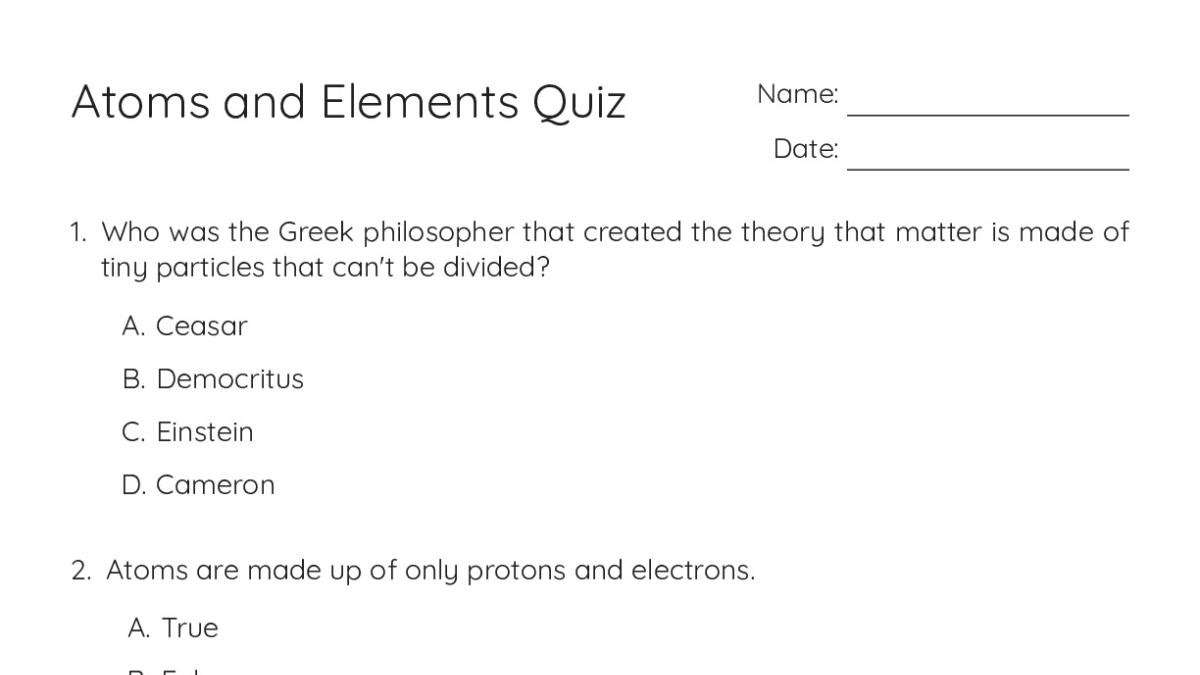 Atoms and Elements Quiz - My Worksheet Maker: Create Your Own Worksheets