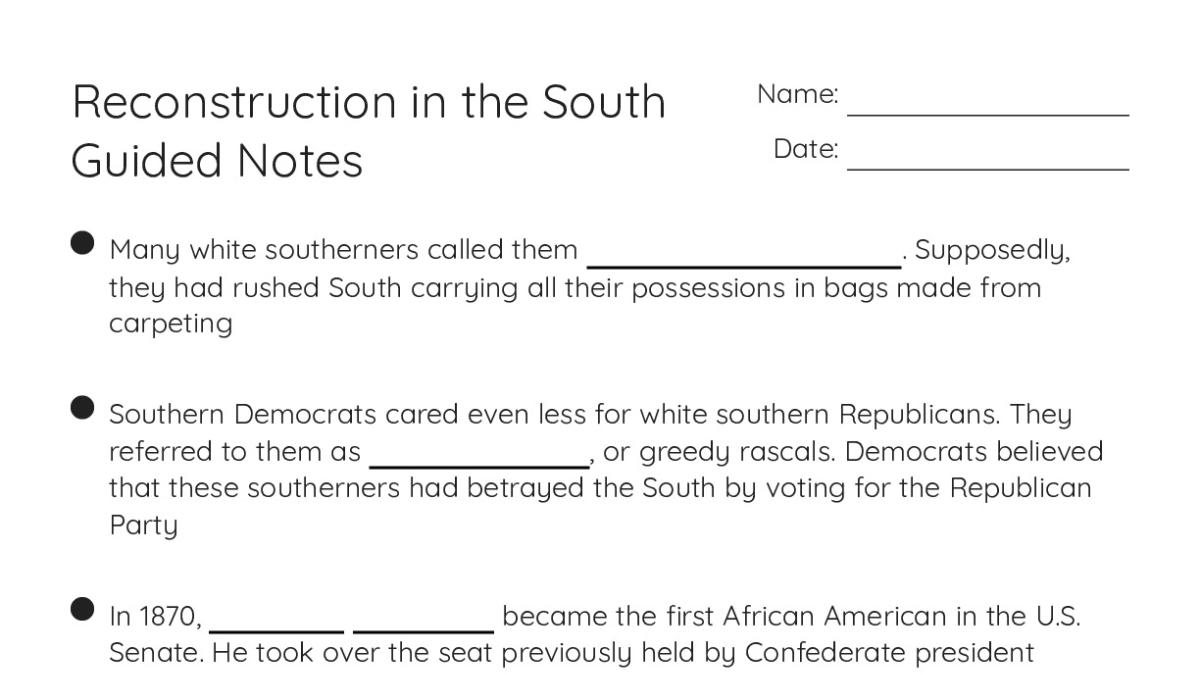 Reconstruction in the South Guided Notes - My Worksheet Maker: Create ...