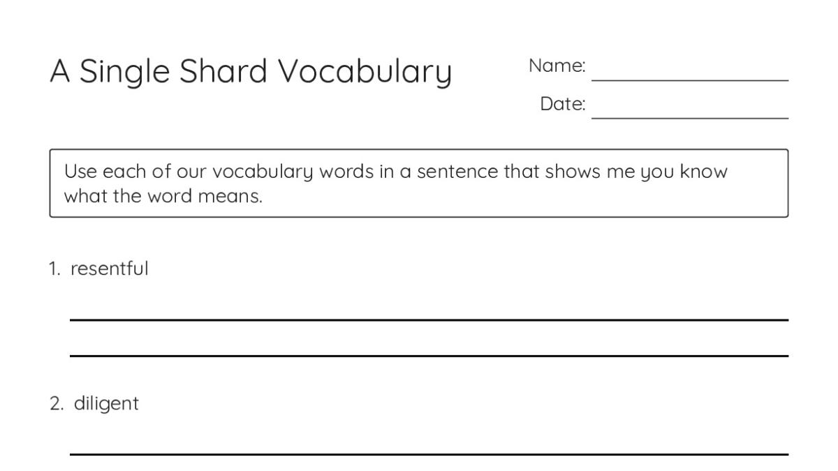 A Single Shard Vocabulary - My Worksheet Maker: Create Your Own Worksheets