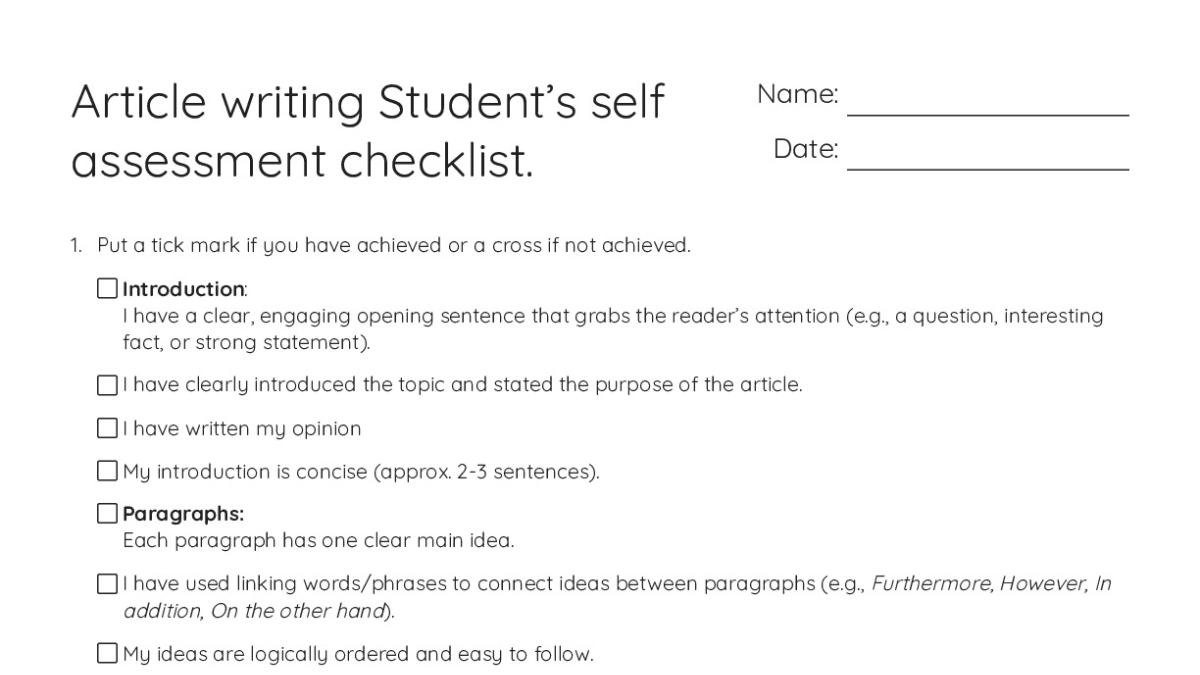Article writing Student’s self assessment checklist. - My Worksheet ...