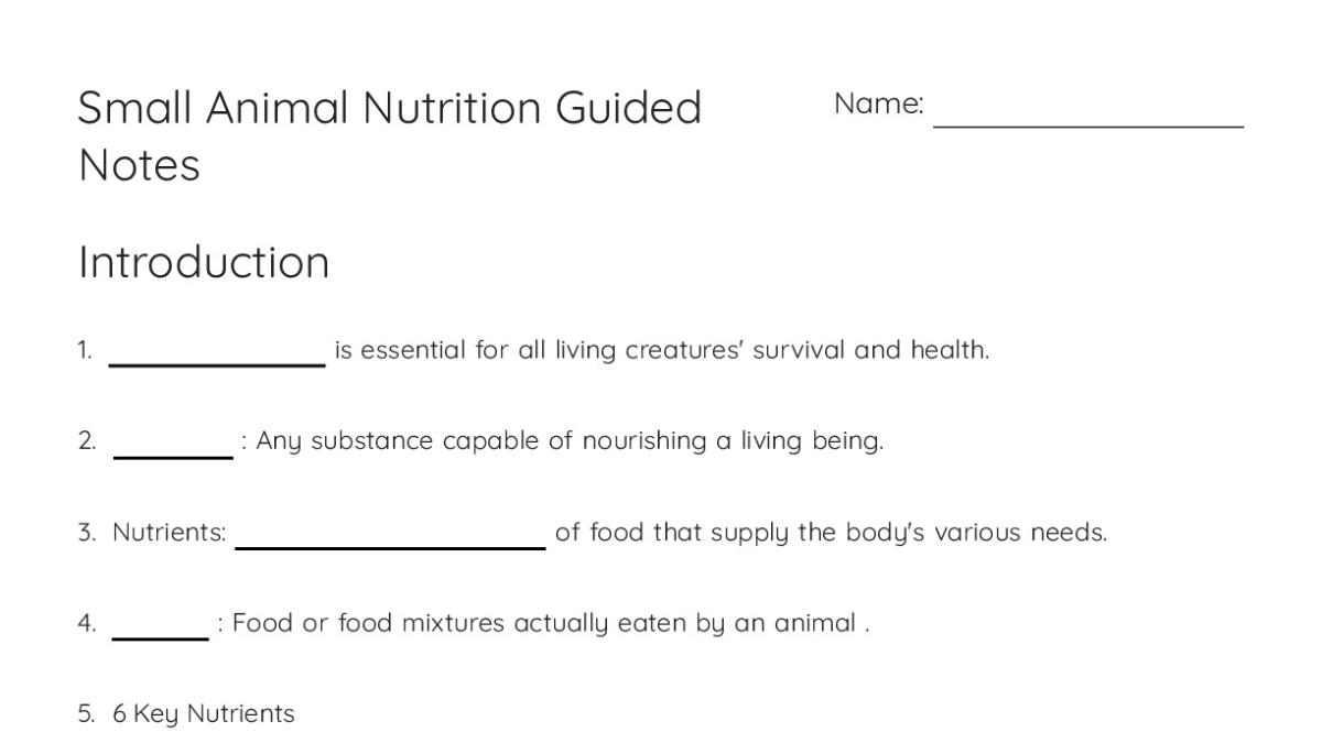 Small Animal Nutrition Guided Notes - My Worksheet Maker: Create Your ...