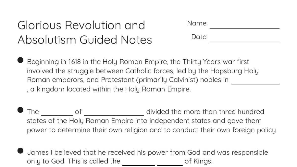 Glorious Revolution and Absolutism Guided Notes - My Worksheet Maker ...