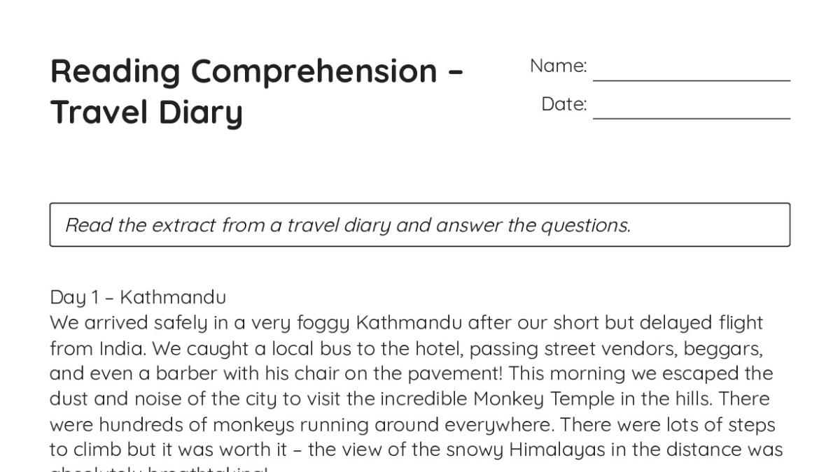 Reading Comprehension – Travel Diary - My Worksheet Maker: Create Your ...