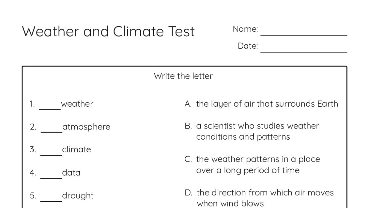 Weather and Climate Test - My Worksheet Maker: Create Your Own Worksheets