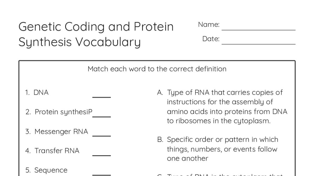 Genetic Coding and Protein Synthesis Vocabulary - My Worksheet Maker ...