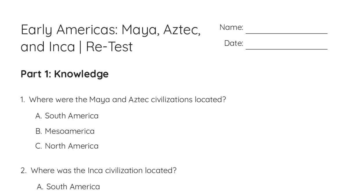 Early Americas: Maya, Aztec, and Inca | Re-Test - My Worksheet Maker ...